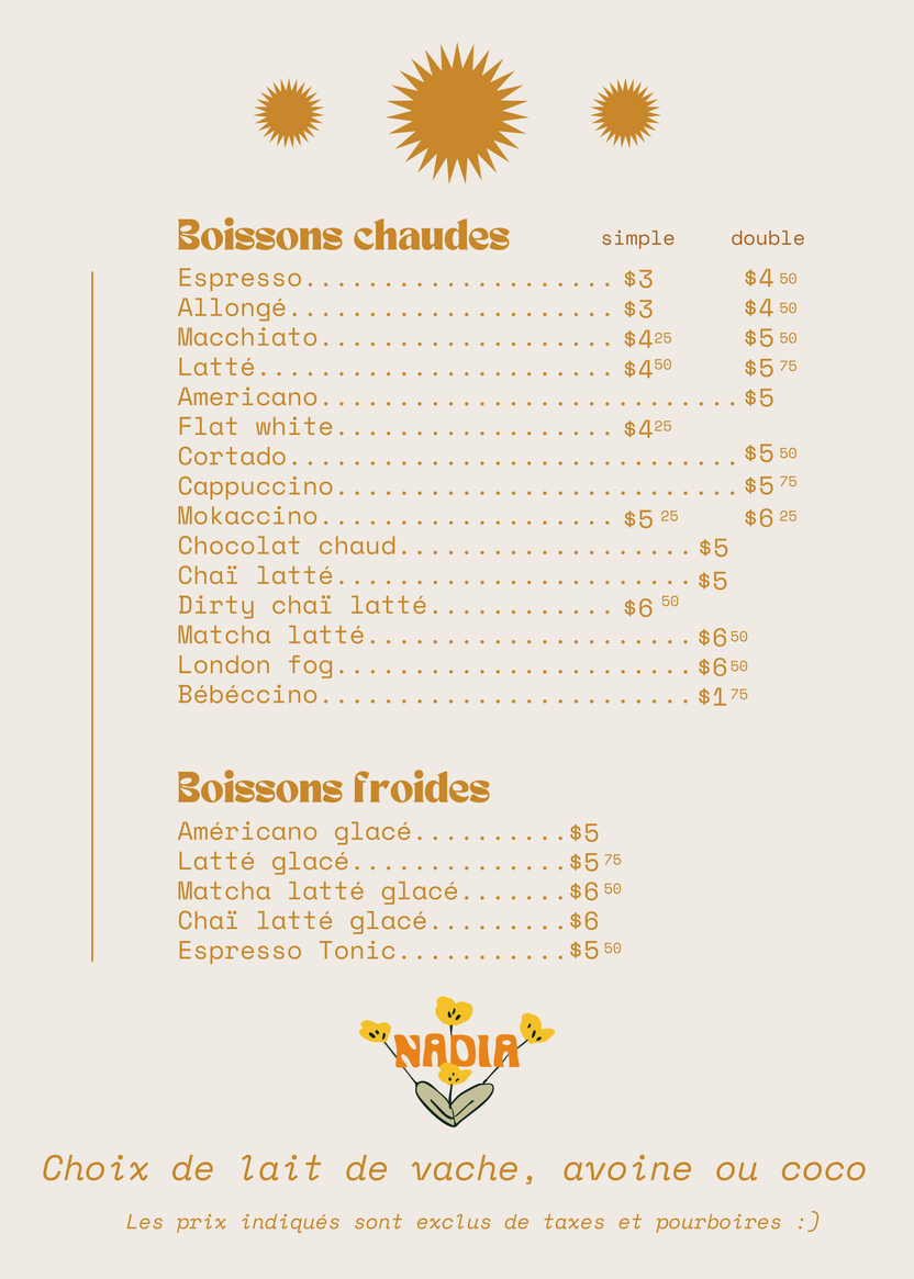 Menus – Le Nadia